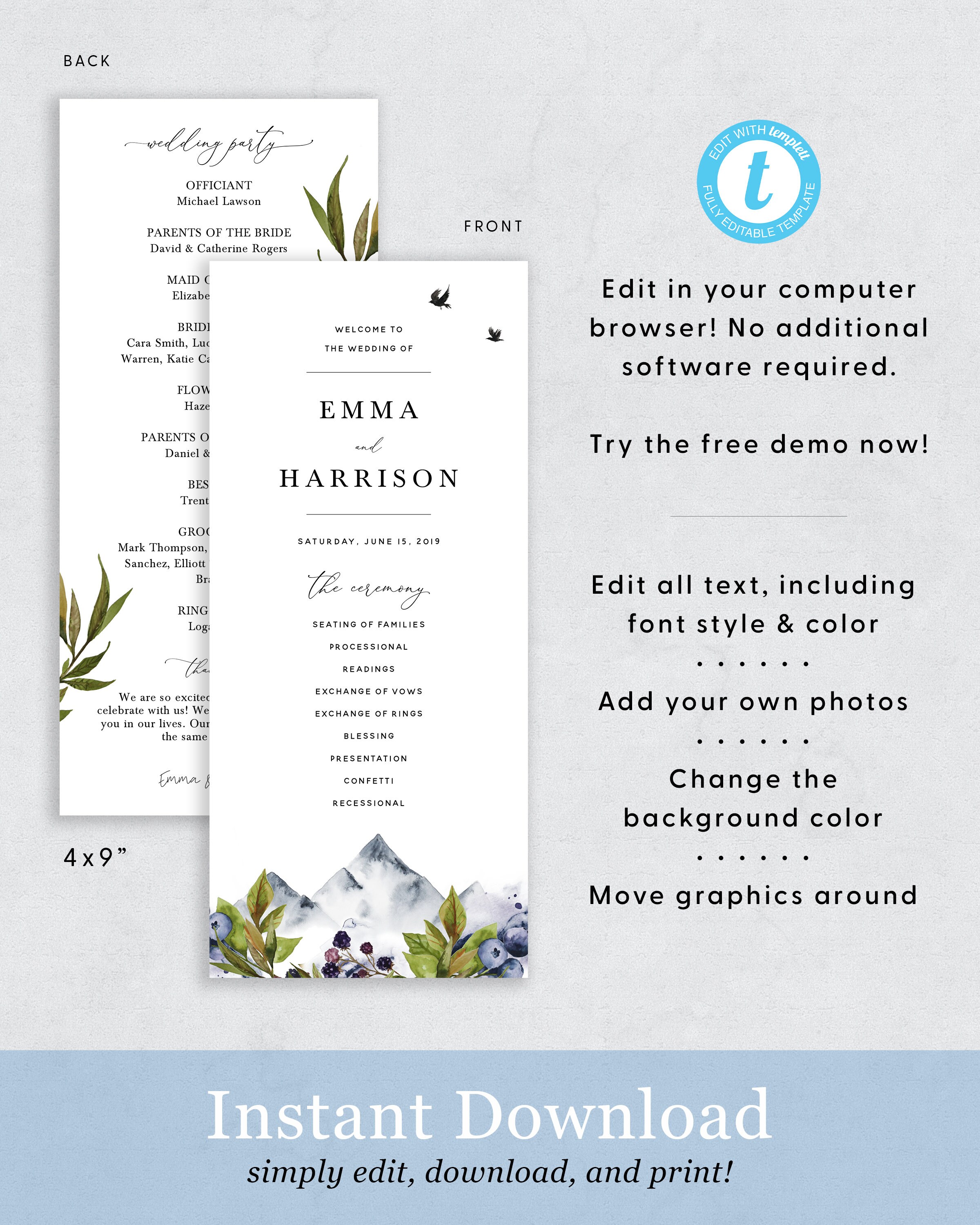 Rustic Wedding Program Template Mountain Wedding Program | Etsy