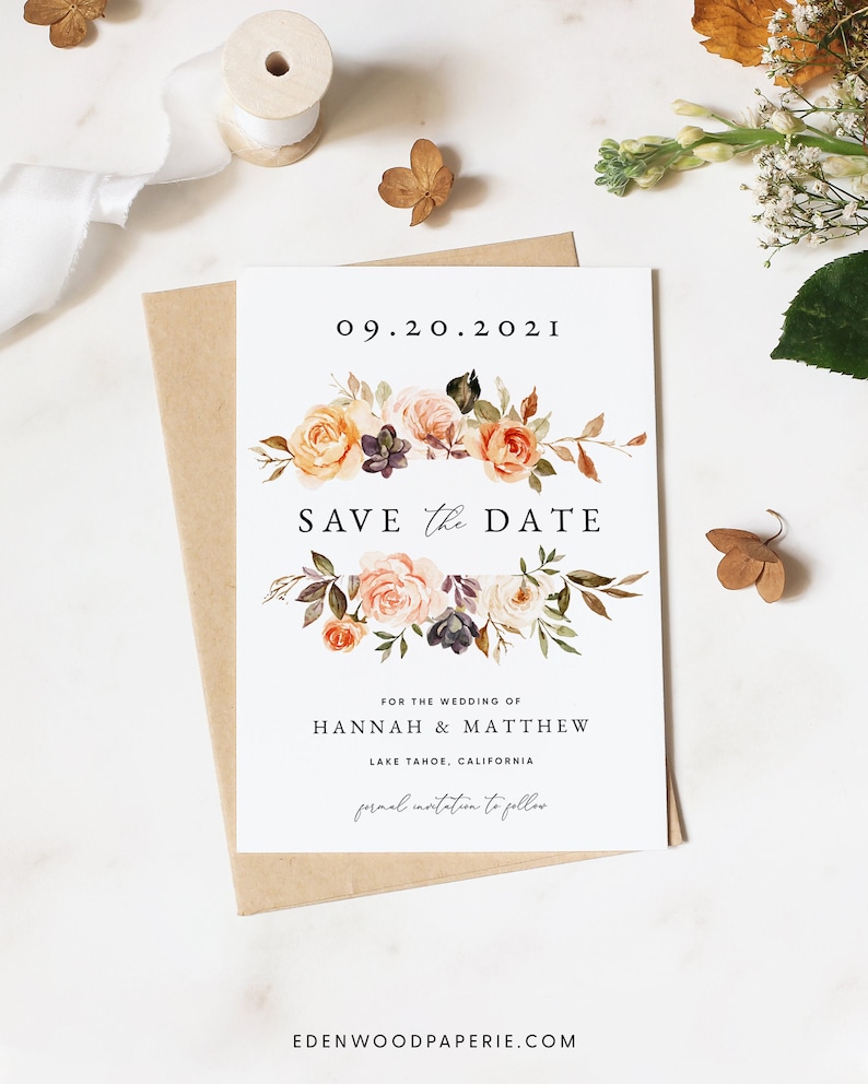 Fall Wedding Save the Date Invitation Template Floral Autumn - Etsy