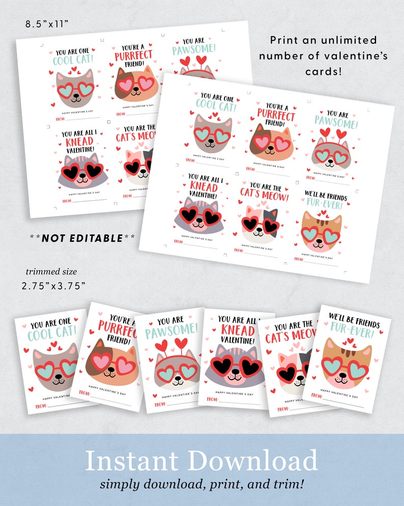 Printable Cat Pun Valentine's Day Cards, Classroom Valentine's Day ...