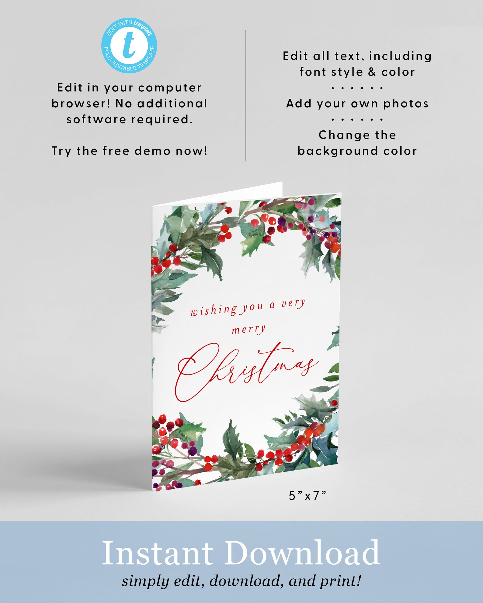 Printable Christmas Cards, Folded Christmas Card Download, 5x7" Holiday ...