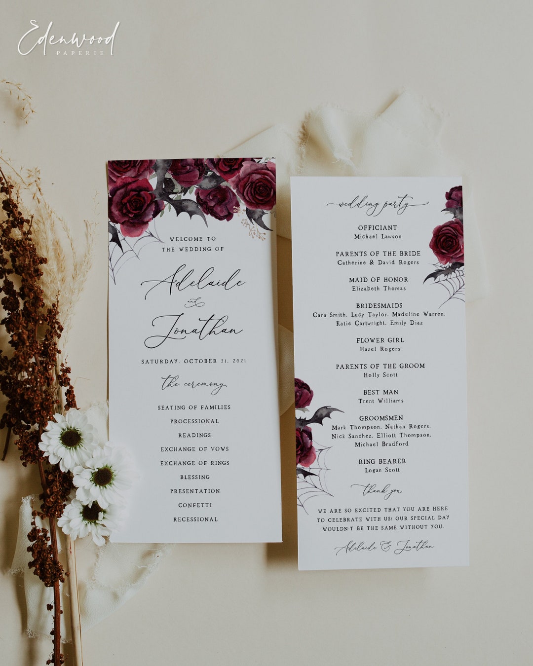 Gothic Wedding Program Template, Halloween Wedding Ceremony Programs ...