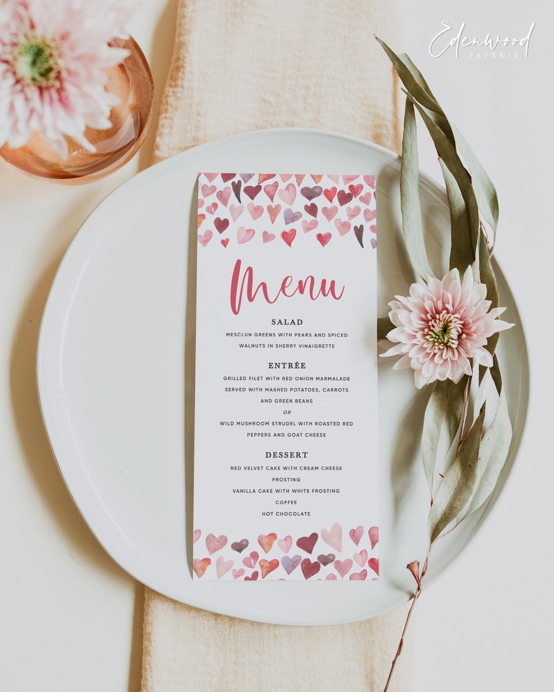 Valentines Hearts Menu Card, Galentines Day Menu Card Template ...