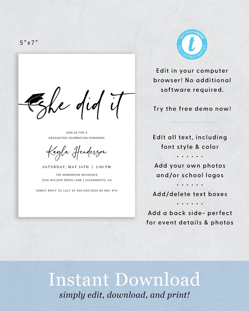 She Did It Graduation Invitation Template Printable - Etsy