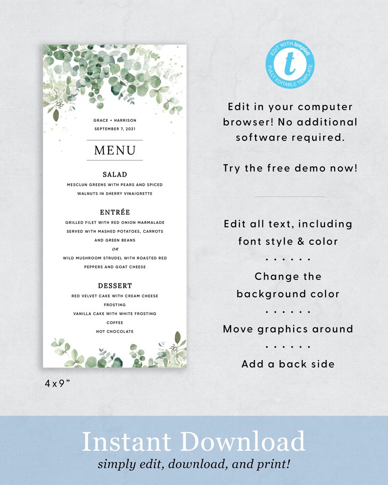 Eucalyptus Wedding Menu Template Greenery Wedding Menu Cards - Etsy