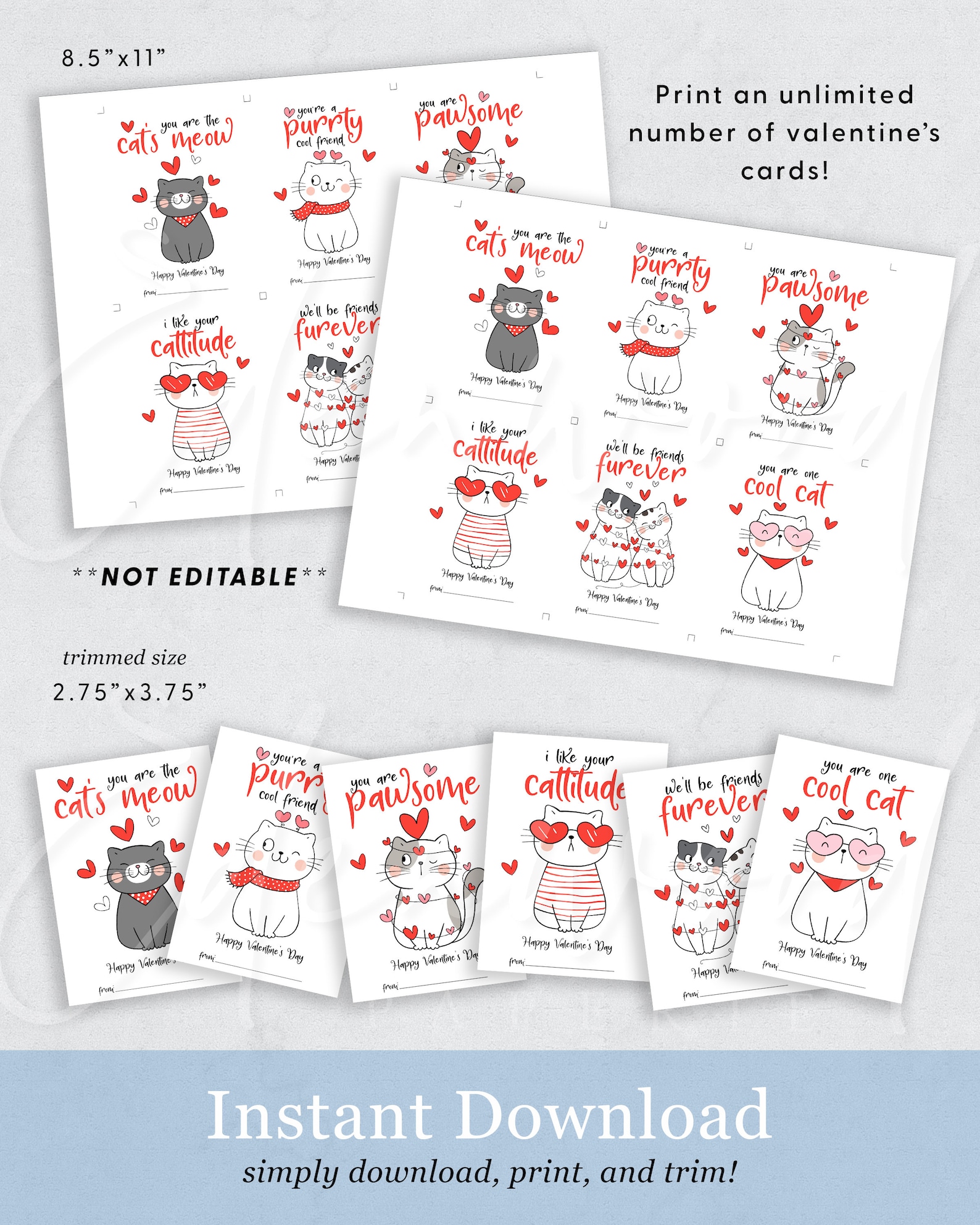 Printable Cat Valentine's Day Cards, Classroom Valentine's Day Cards ...