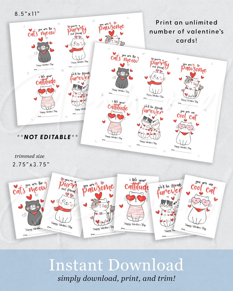 Printable Cat Valentine's Day Cards, Classroom Valentine's Day Cards ...