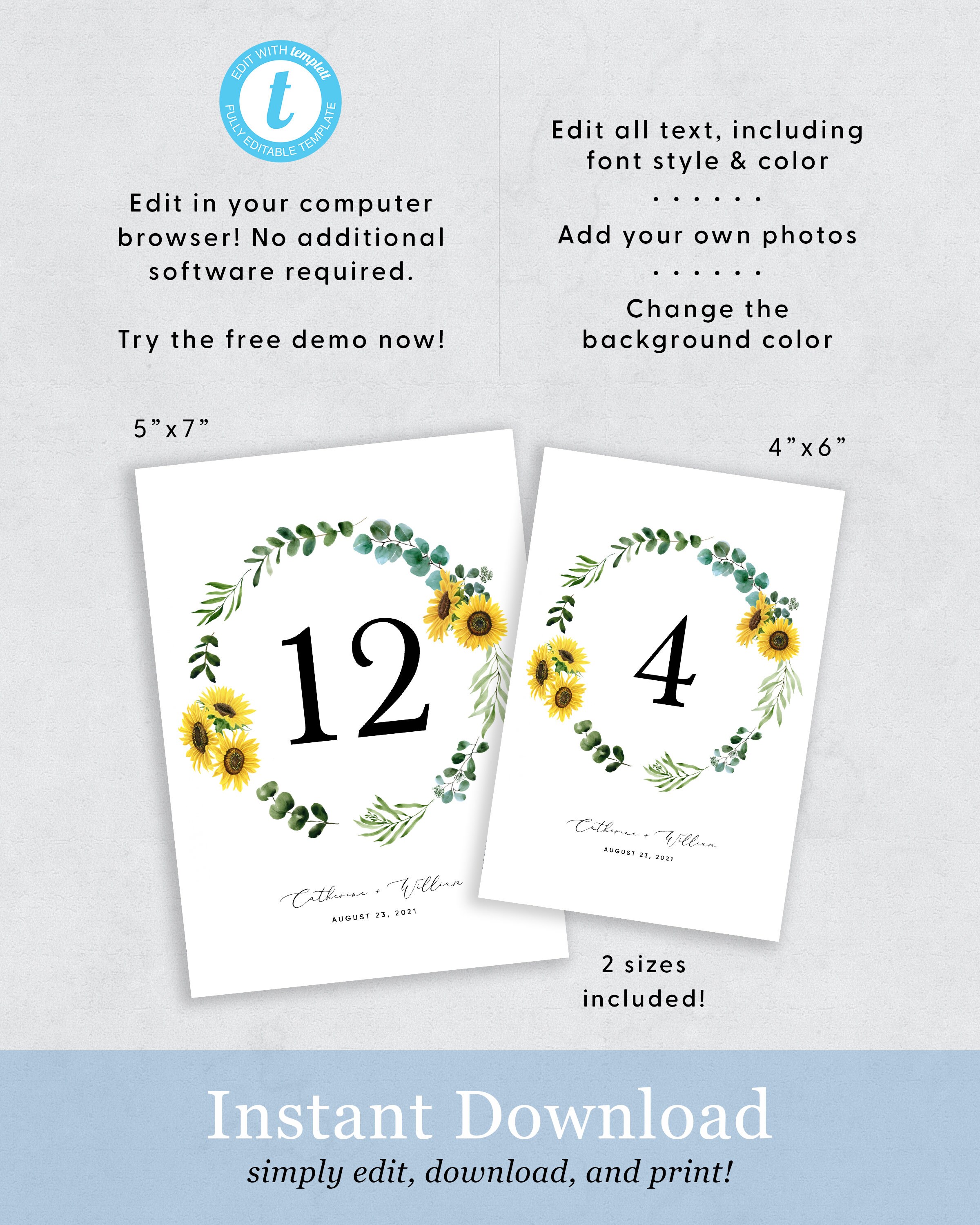 Sunflower Wedding Table Numbers Template Eucalyptus Wedding | Etsy