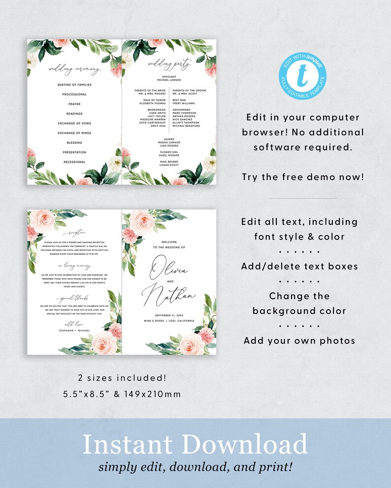 Folded Blush Floral Wedding Program Template, Pink Floral Wedding ...
