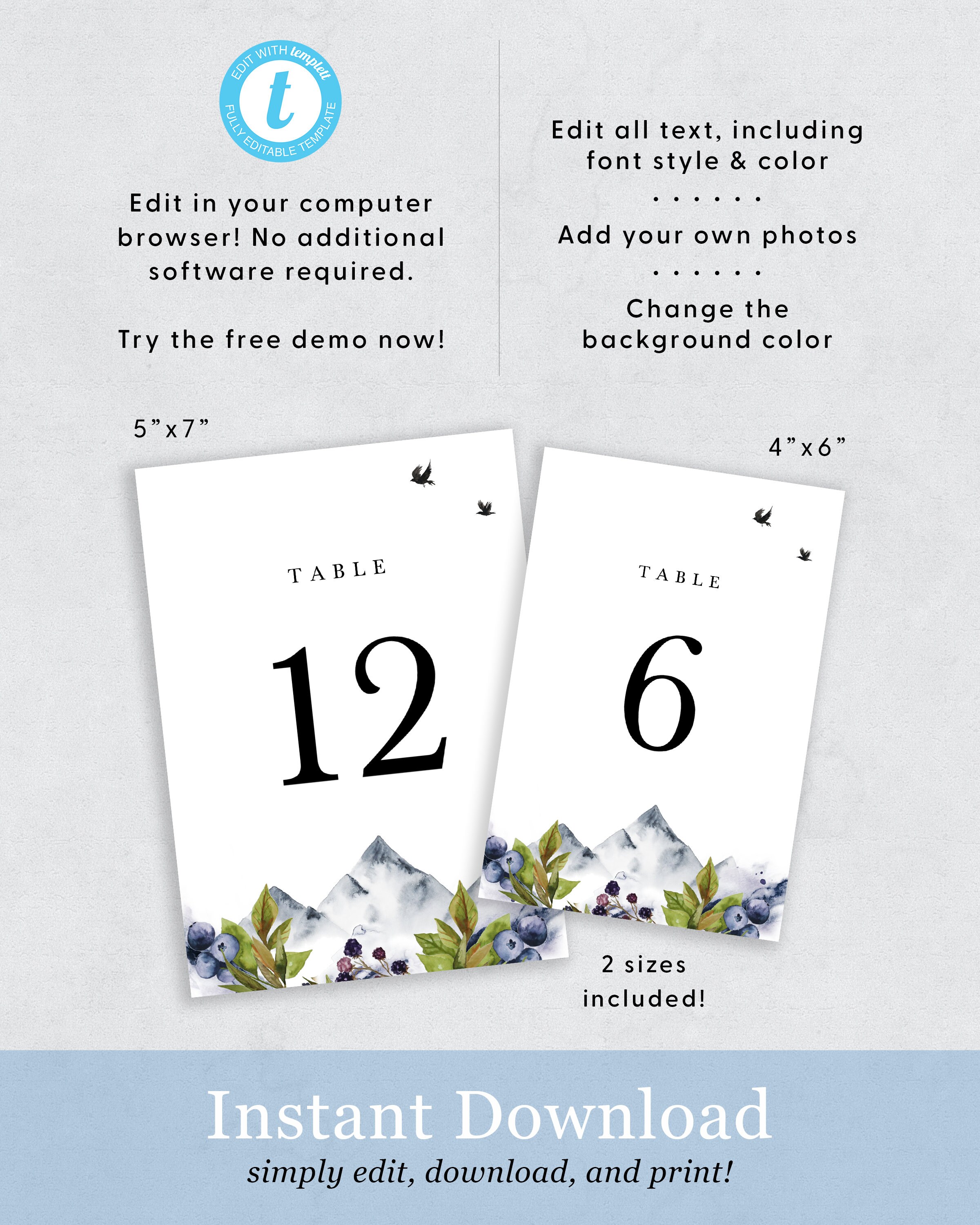Mountain Wedding Table Numbers Template, Rustic Wedding Table Number ...
