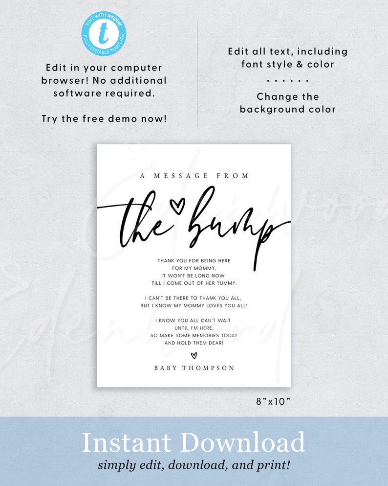 Message From the Bump Sign, Printable Baby Shower Bump Sign, Thank You ...