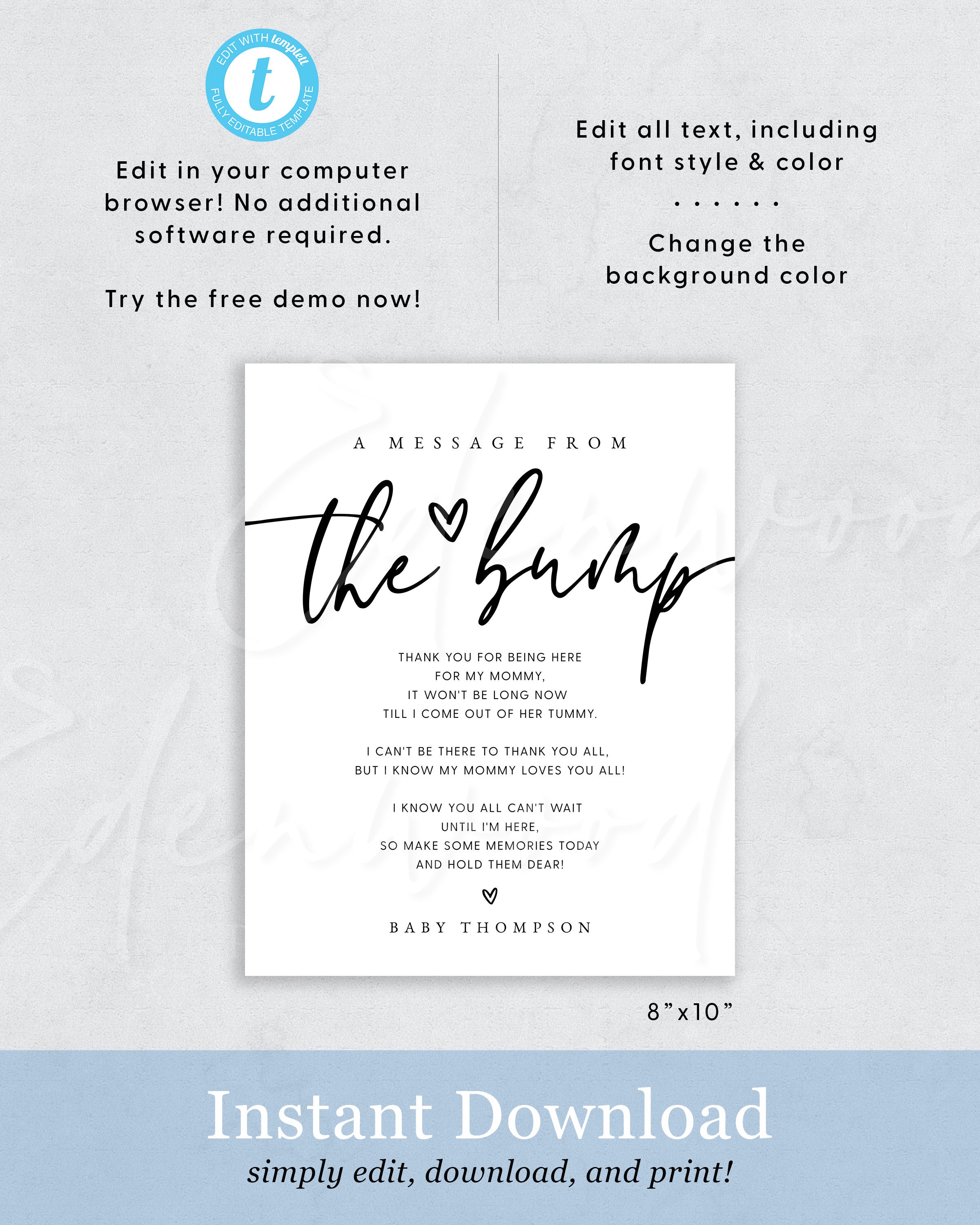 Message From the Bump Sign, Printable Baby Shower Bump Sign, Thank You ...