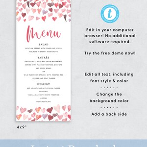 Valentines Hearts Menu Card, Galentines Day Menu Card Template ...