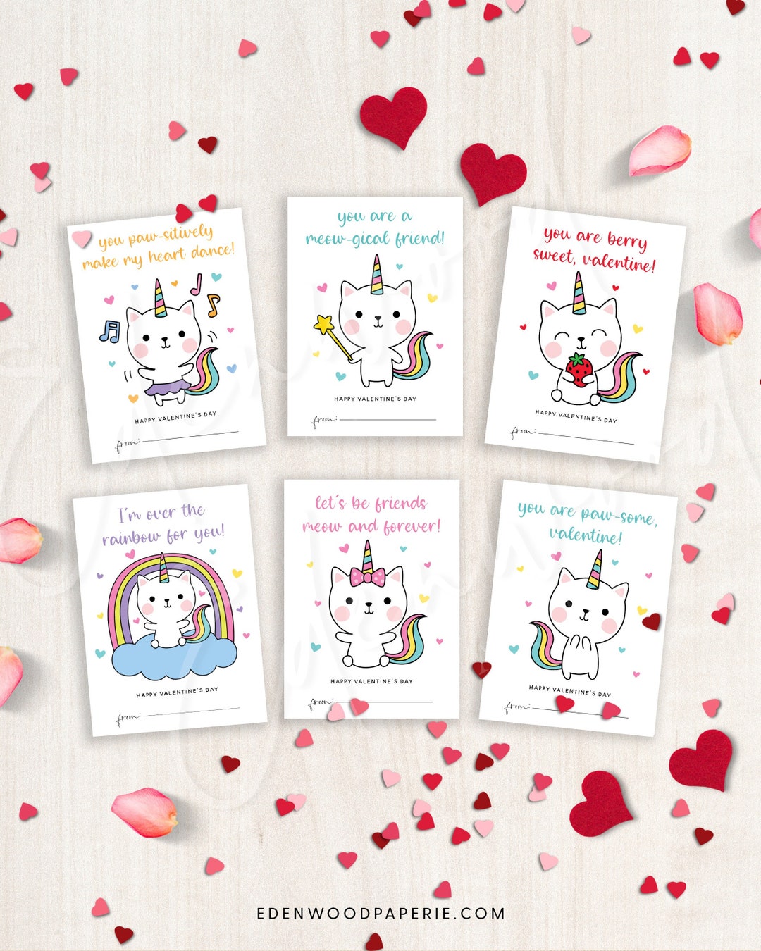 Printable Cat Valentine's Day Cards, Kittycorn Classroom Valentine's ...