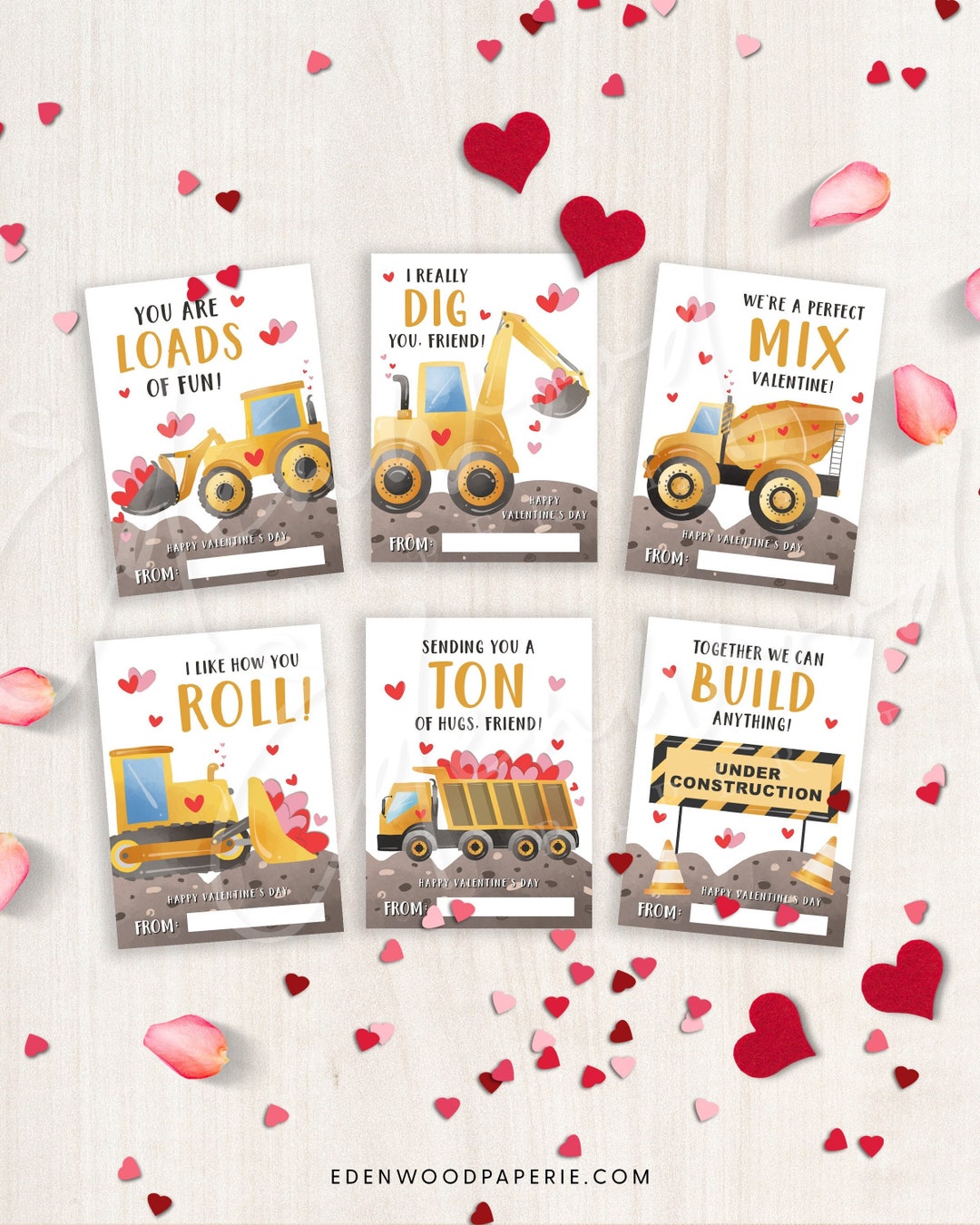 Printable Construction Valentine's Day Cards, Classroom Valentine's Day ...