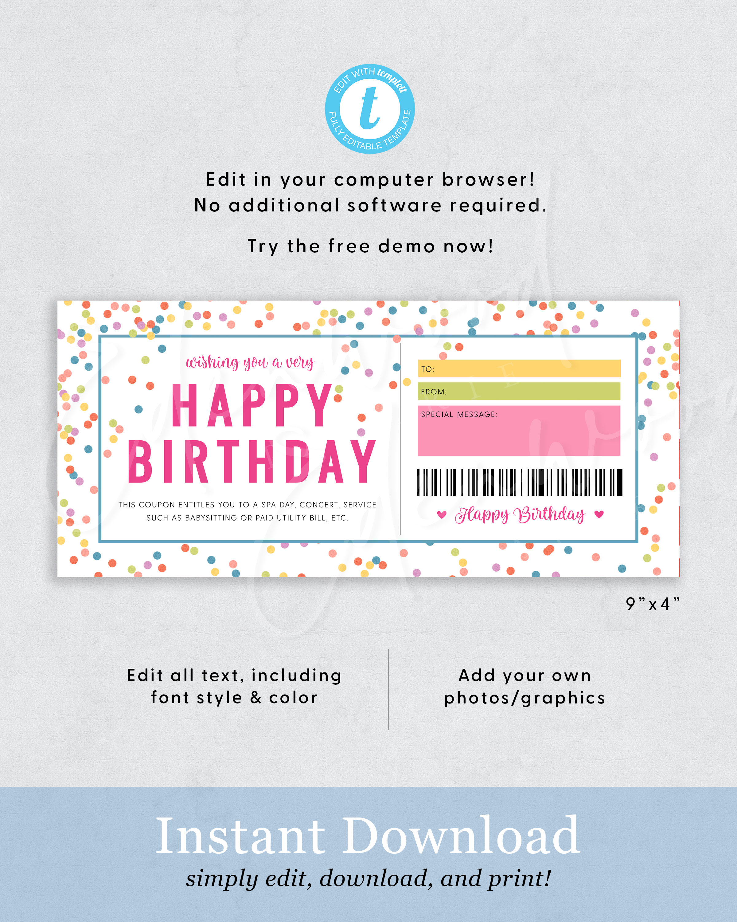 Printable Birthday Coupon Template, Birthday Gift Certificate, Editable ...