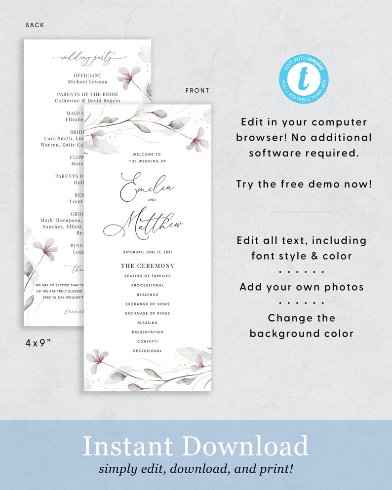 Wedding Ceremony Program Template Printable Wedding Ceremony - Etsy