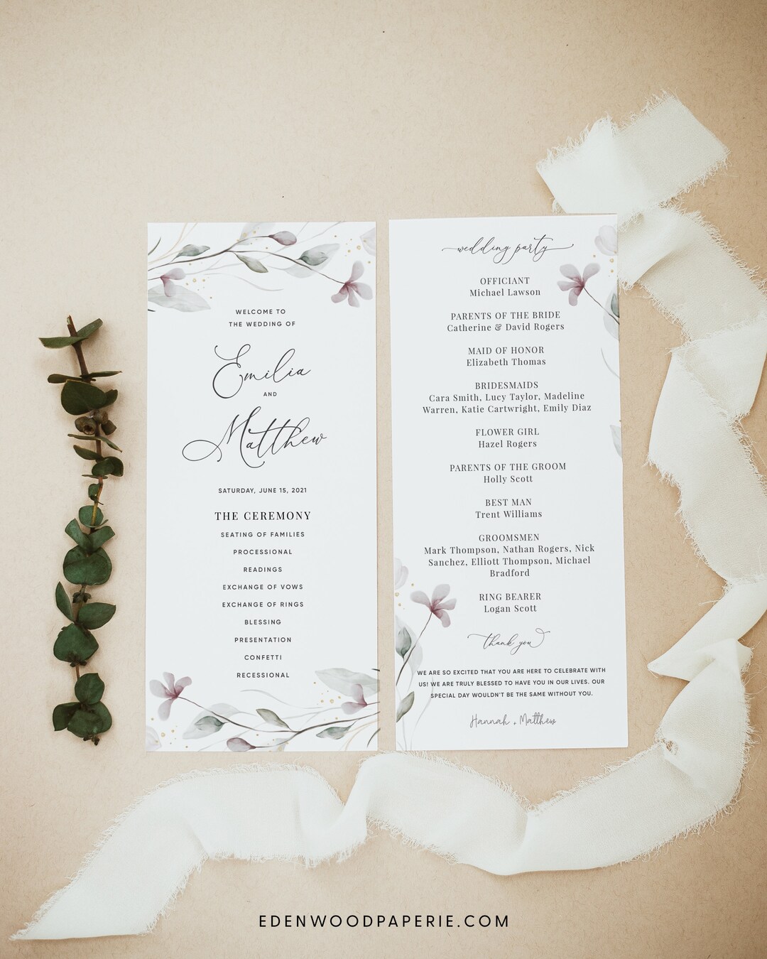 Wedding Ceremony Program Template, Printable Wedding Ceremony Program ...