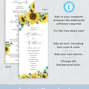 Sunflower Wedding Program Template, Rustic Sunflower Eucalyptus Wedding ...