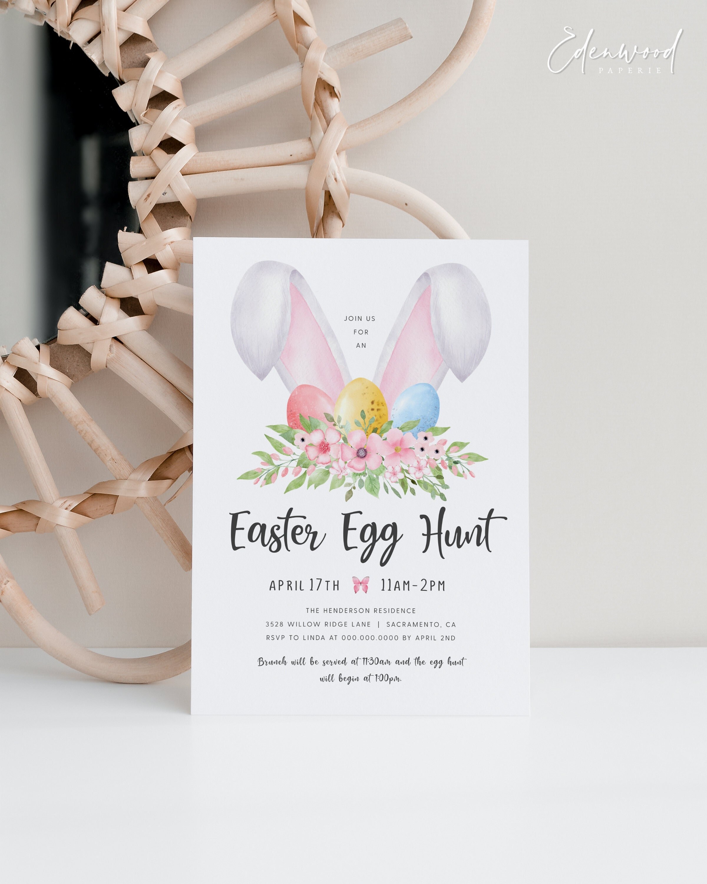 Pink Floral Easter Party Invitation Editable Template Easter ...