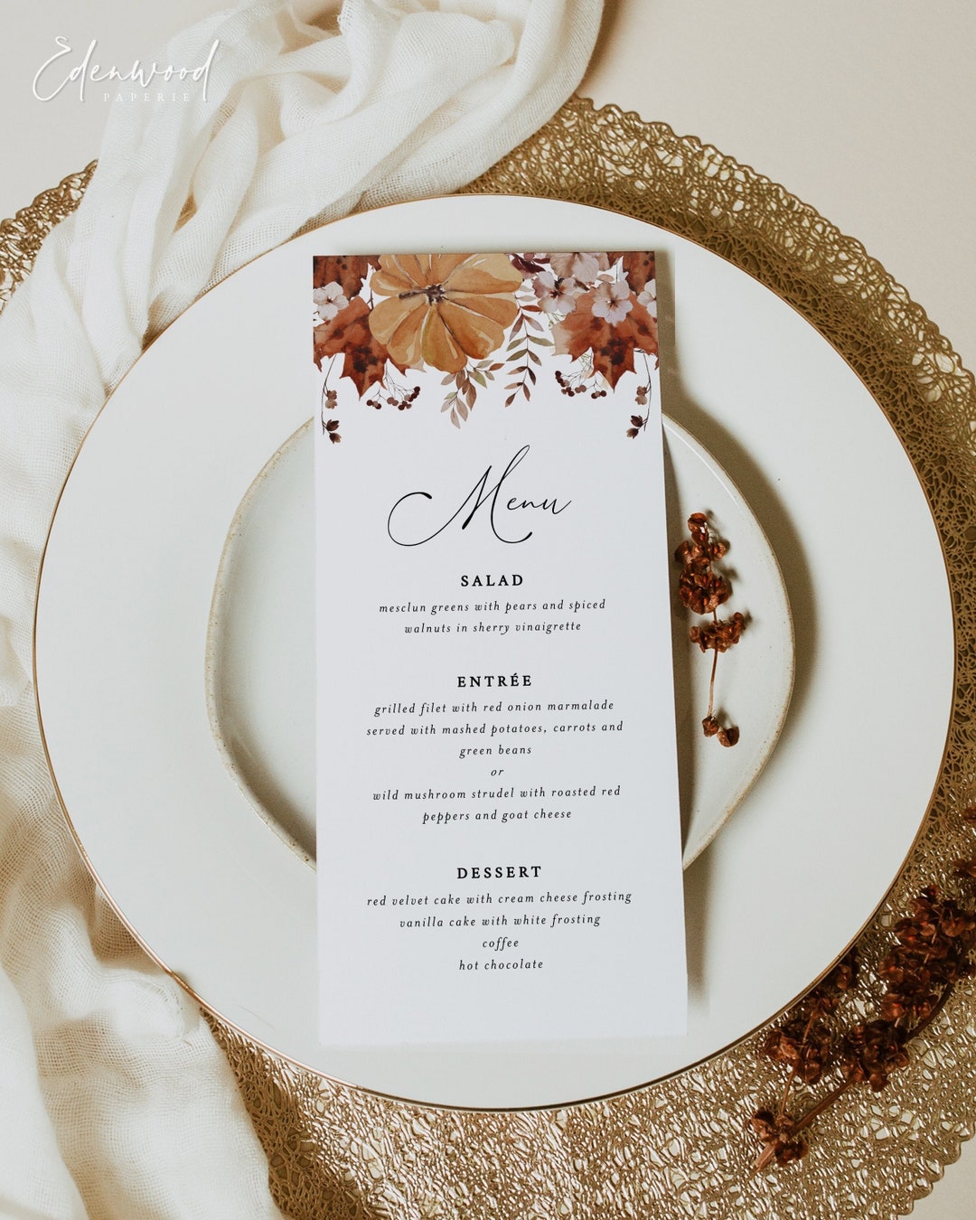 Rustic Fall Wedding Menu, Autumn Wedding Menu Cards Template, Printable ...