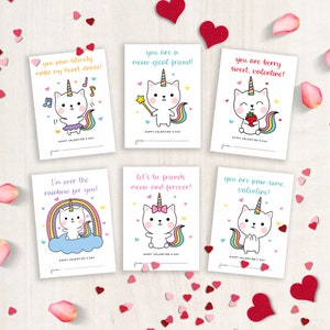 Printable Cat Valentine's Day Cards, Kittycorn Classroom Valentine's ...