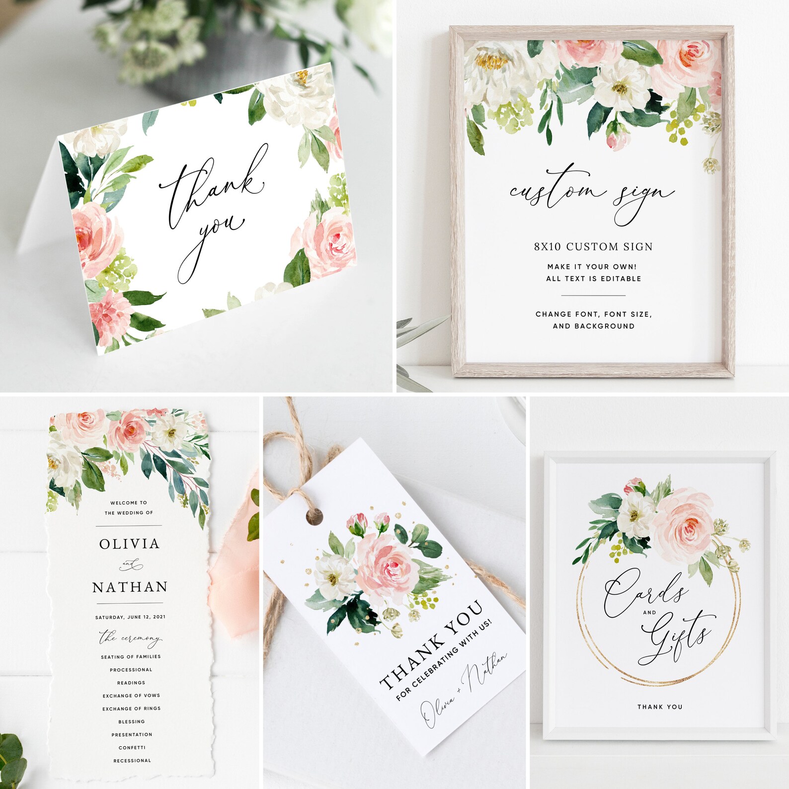 Blush Rose Wedding Template Bundle, Pink Floral Wedding Invitation Set ...