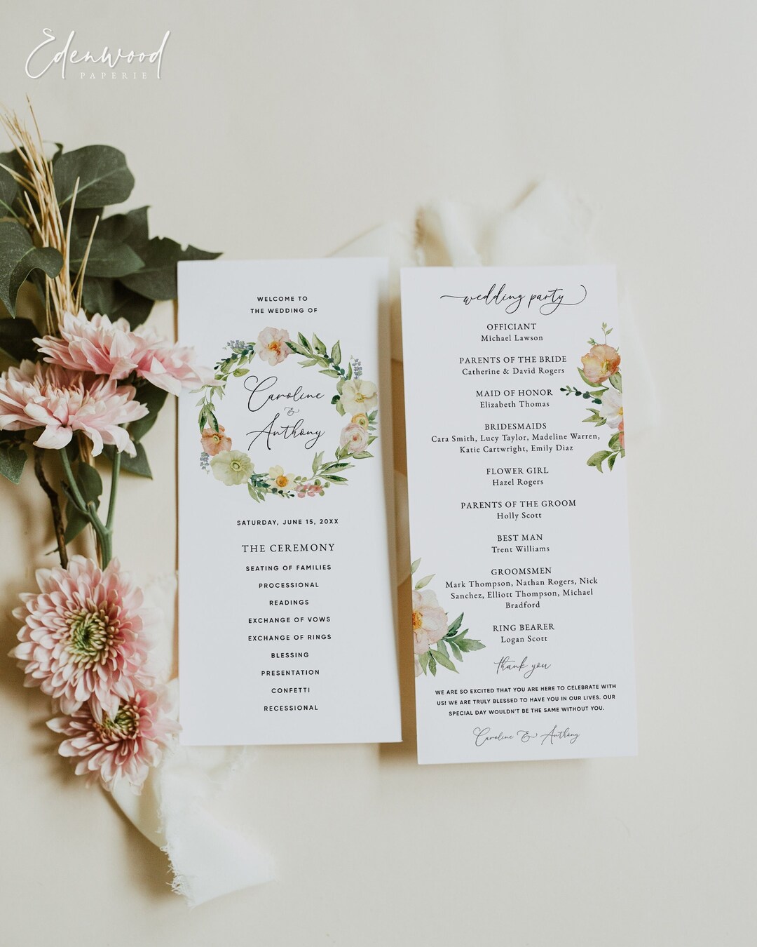 Boho Floral Wedding Program Template, Boho Greenery Wedding Ceremony ...