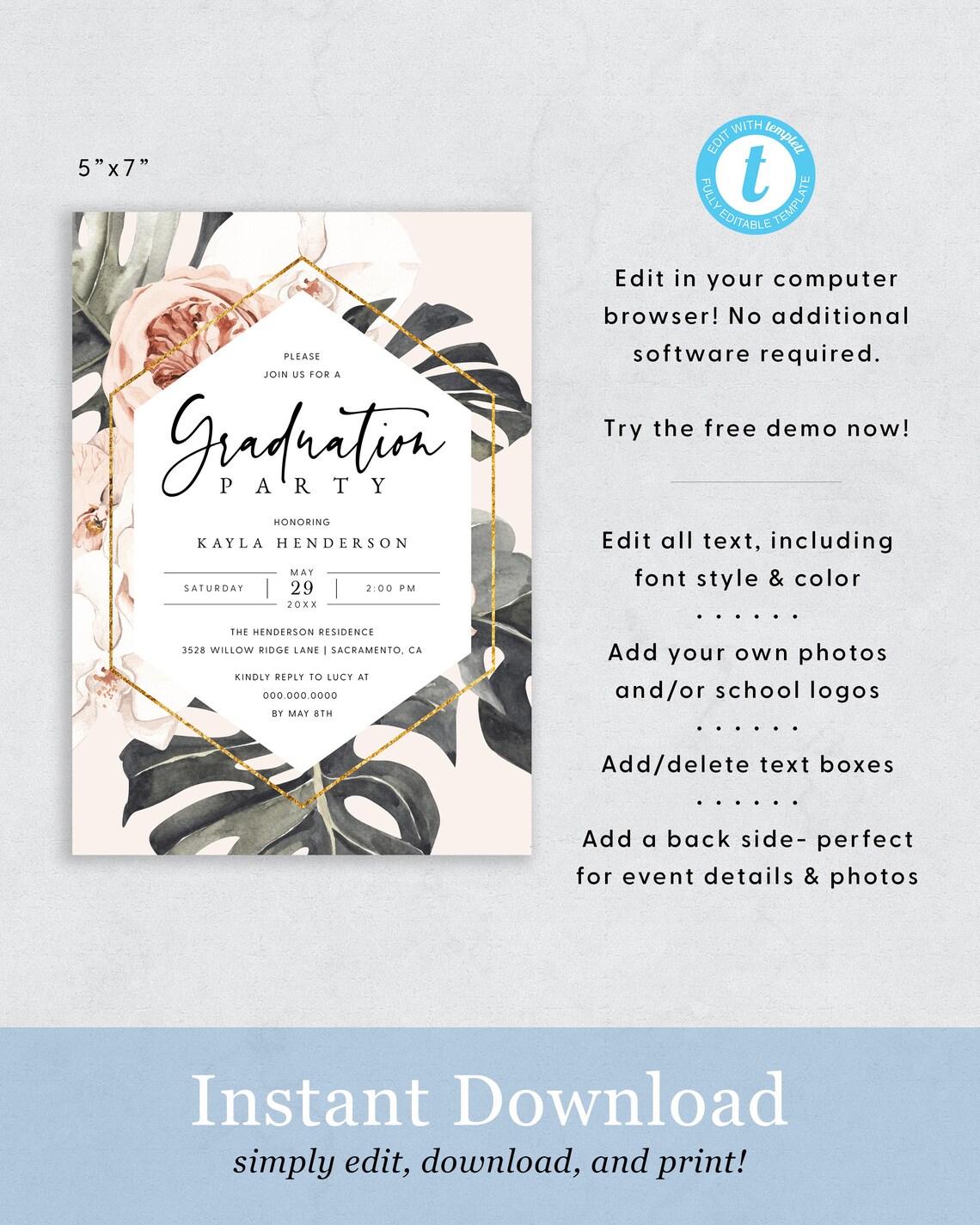 Boho Graduation Party Invitation Template Printable | Etsy