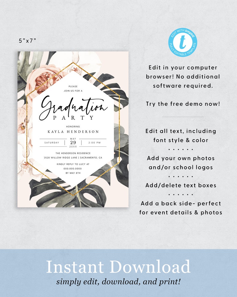 Boho Graduation Party Invitation Template Printable | Etsy