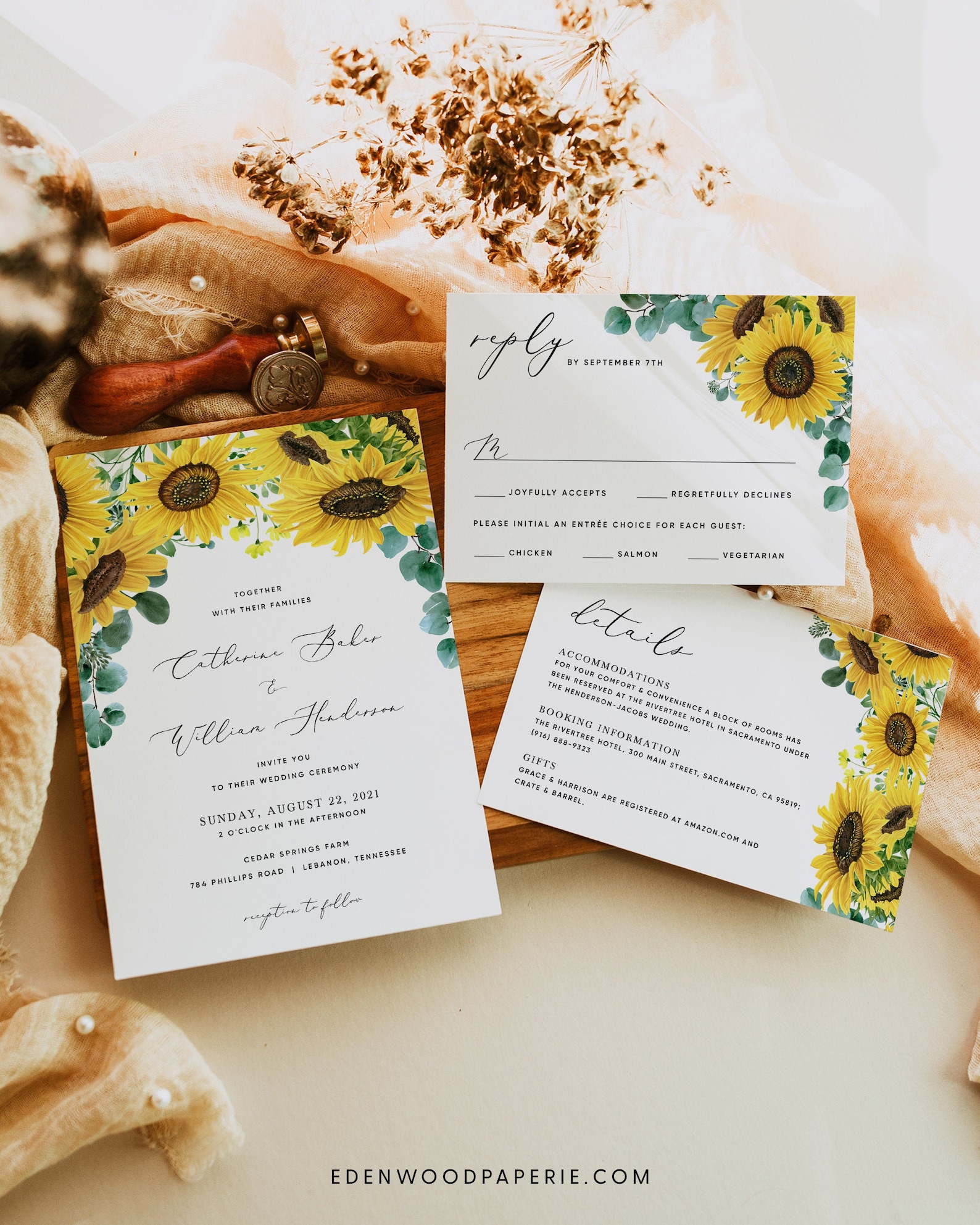 Sunflower Eucalyptus Wedding Invitation Template Sunflower - Etsy