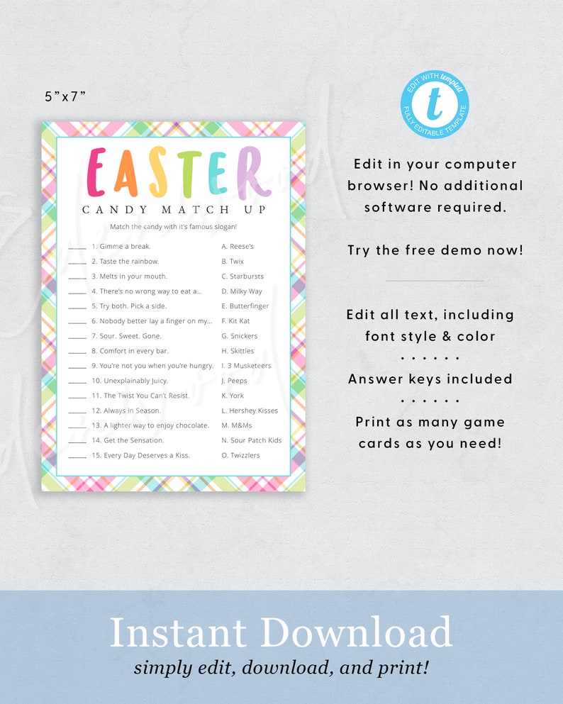 Easter Candy Match Game, Easter Games for Kids & Adults, Printable ...