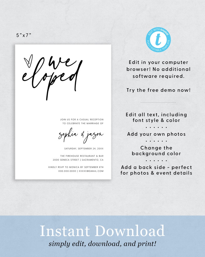 We Eloped Announcement, Happily Ever After Reception Party Invitation ...