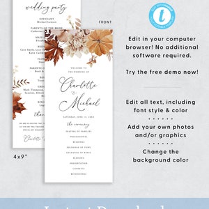 Fall Wedding Program Template, Autumn Wedding Ceremony Program Cards ...