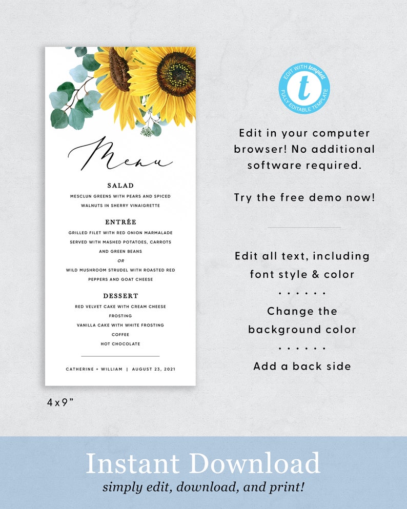 Sunflower Wedding Menu Template Eucalyptus Wedding Menu - Etsy