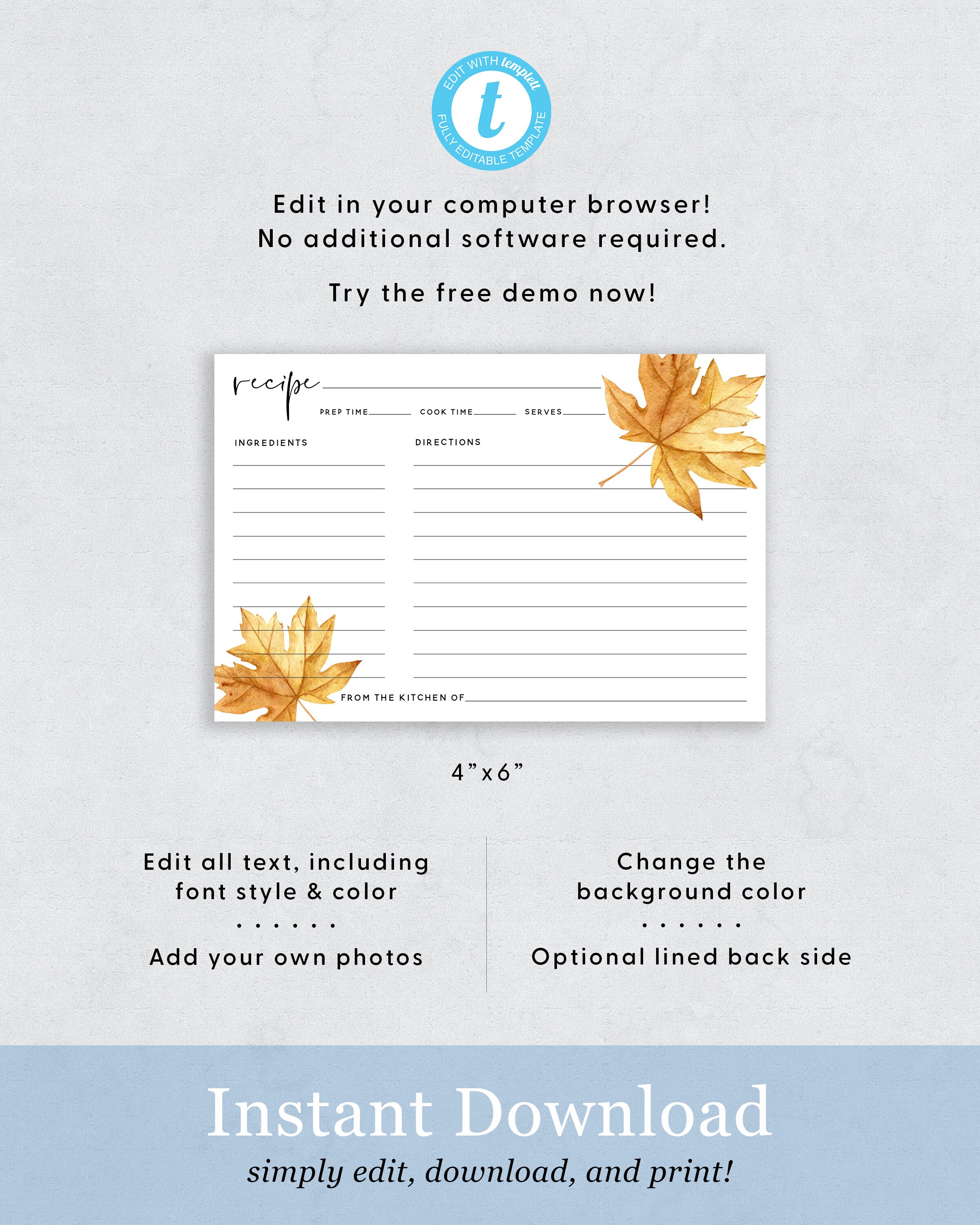 Printable Recipe Cards Fall Recipe Card Thanksgiving Recipe - Etsy
