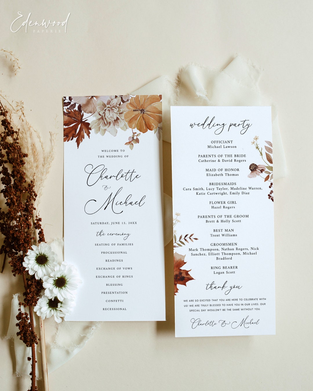 Fall Wedding Program Template, Autumn Wedding Ceremony Program Cards ...
