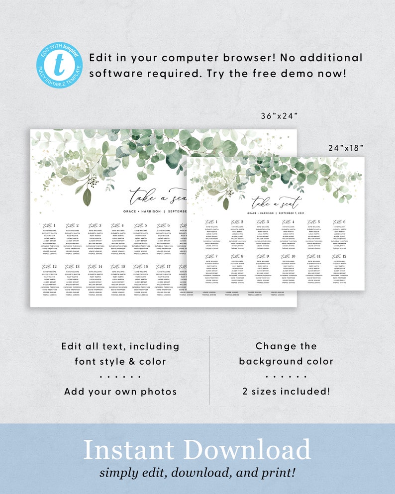 Eucalyptus Wedding Seating Chart Template 24x36 & - Etsy