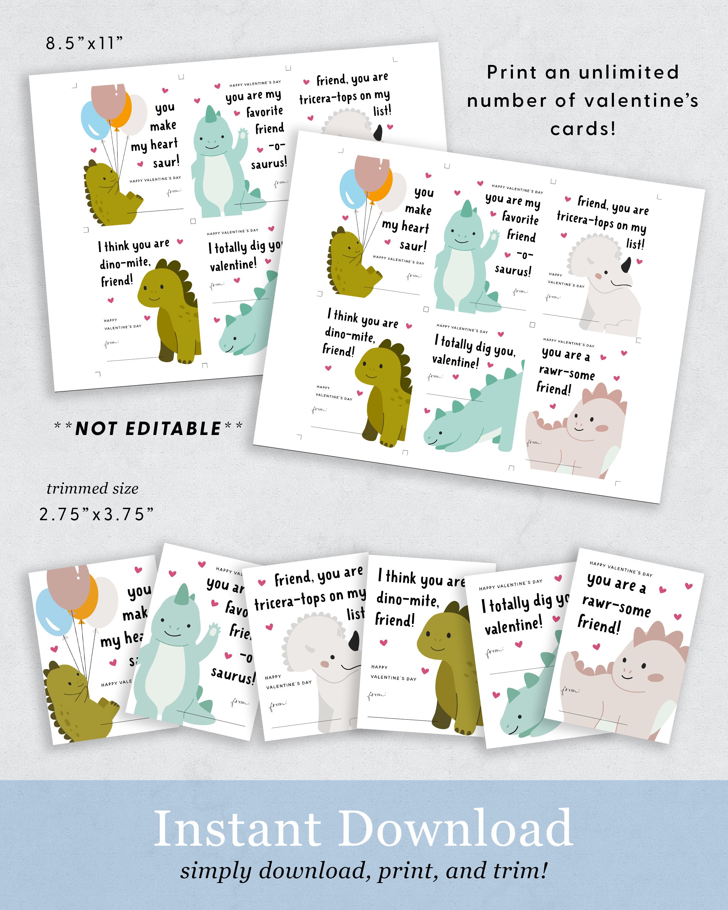 Printable Dinosaur Valentine's Day Cards Classroom | Etsy