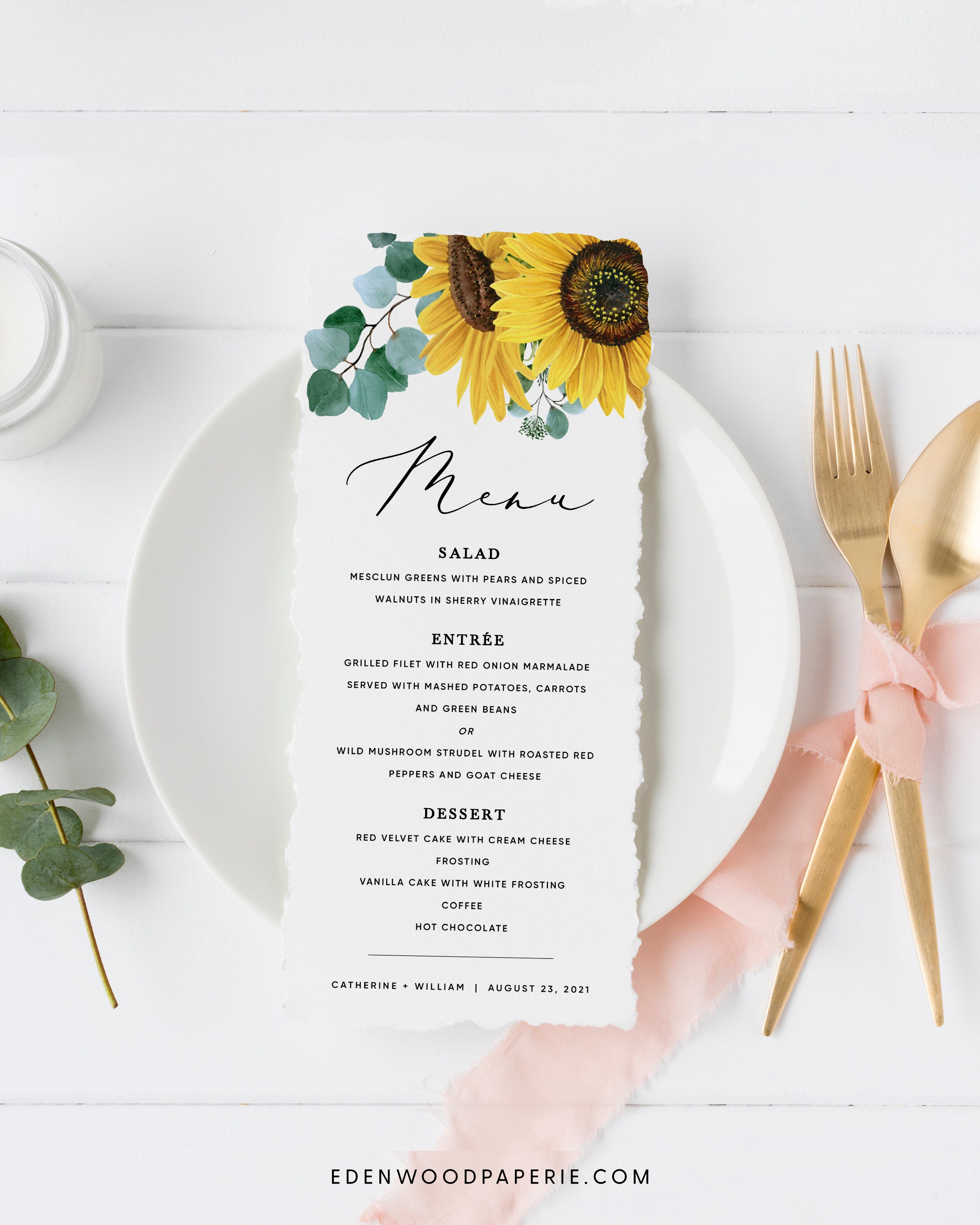 Sunflower Wedding Menu Template Eucalyptus Wedding Menu - Etsy