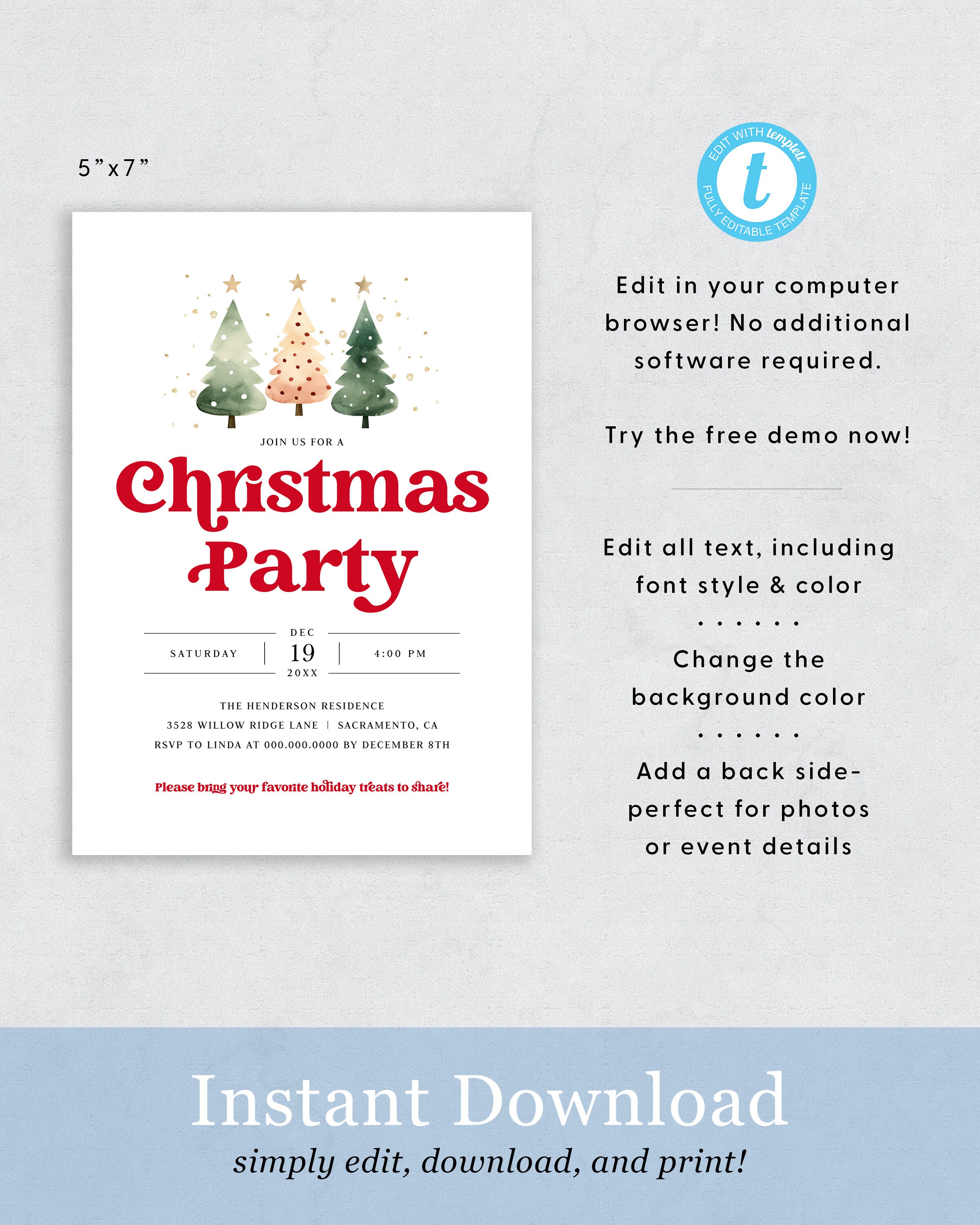 Christmas Party Invitation, Printable Retro Holiday Party Invitation ...