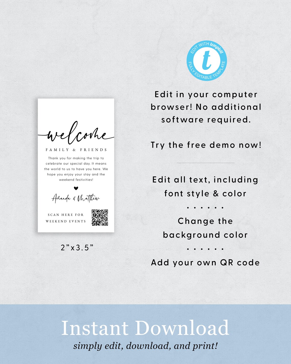 Wedding Welcome Bag Tags, QR Code Welcome Bag Tag Template, Printable ...