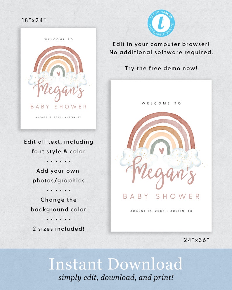 Boho Rainbow Baby Shower Welcome Sign Template Printable - Etsy