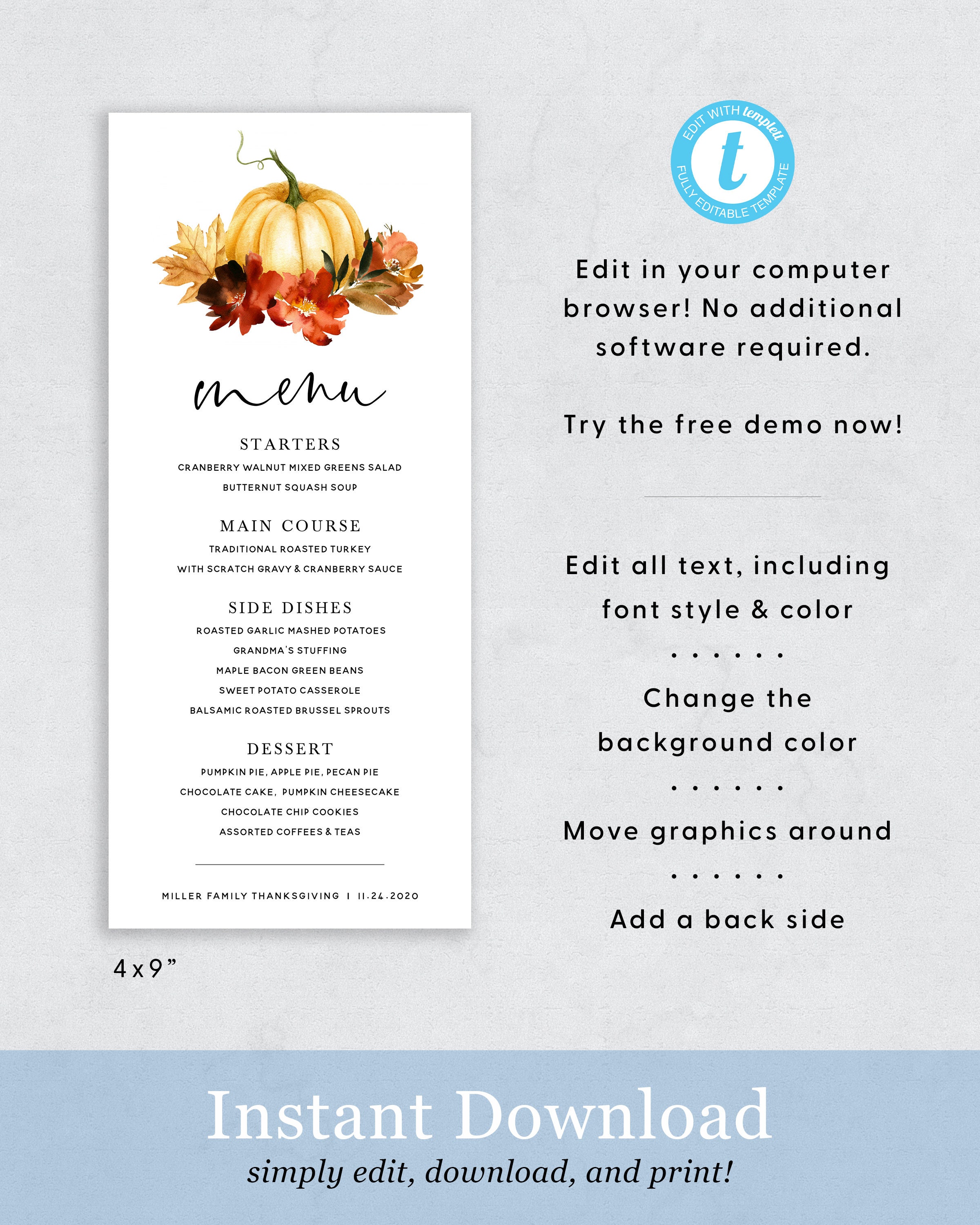 Thanksgiving Menu Card Template Friendsgiving Menu Printable | Etsy
