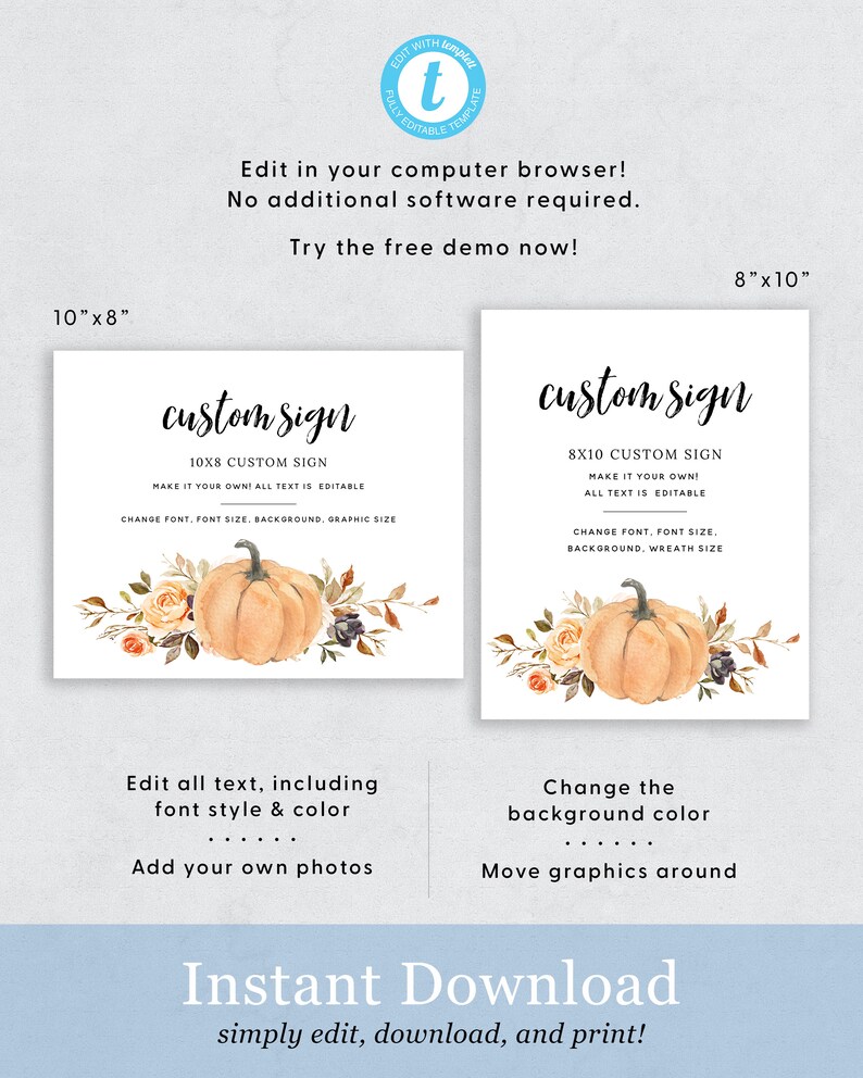 Fall Pumpkin Custom Sign Printable 8x10 Custom Sign Editable - Etsy