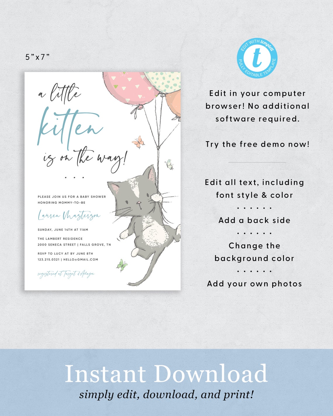 Cat Baby Shower Invitation Template, Editable Baby Shower Invitation ...