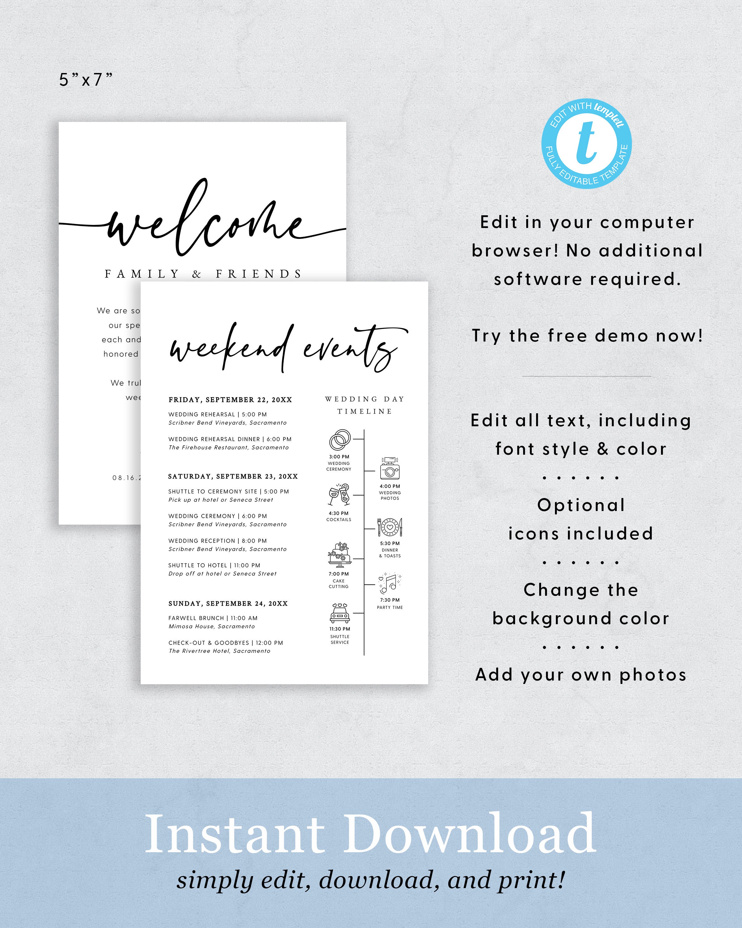 Wedding Welcome Bag Note & Timeline, Wedding Events Timeline Printable ...