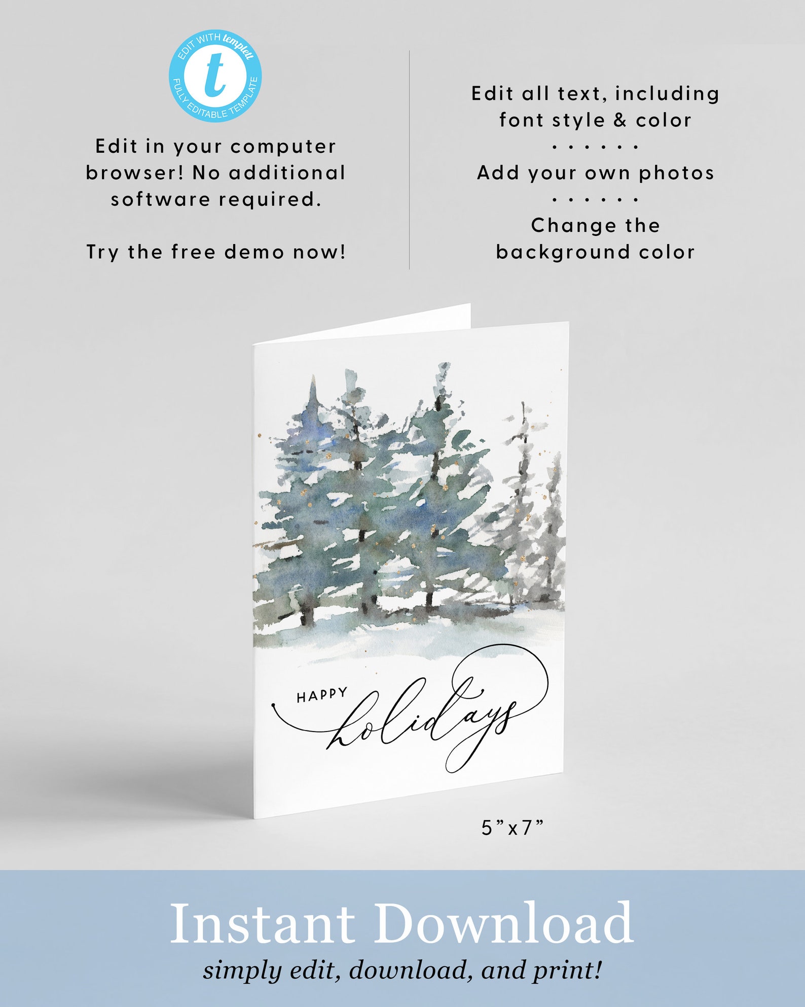 Editable Christmas Card Template 5x7 Happy Holidays | Etsy