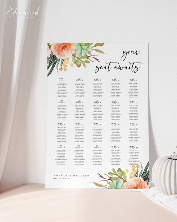 Succulent Wedding Seating Chart Template 18x24 & - Etsy