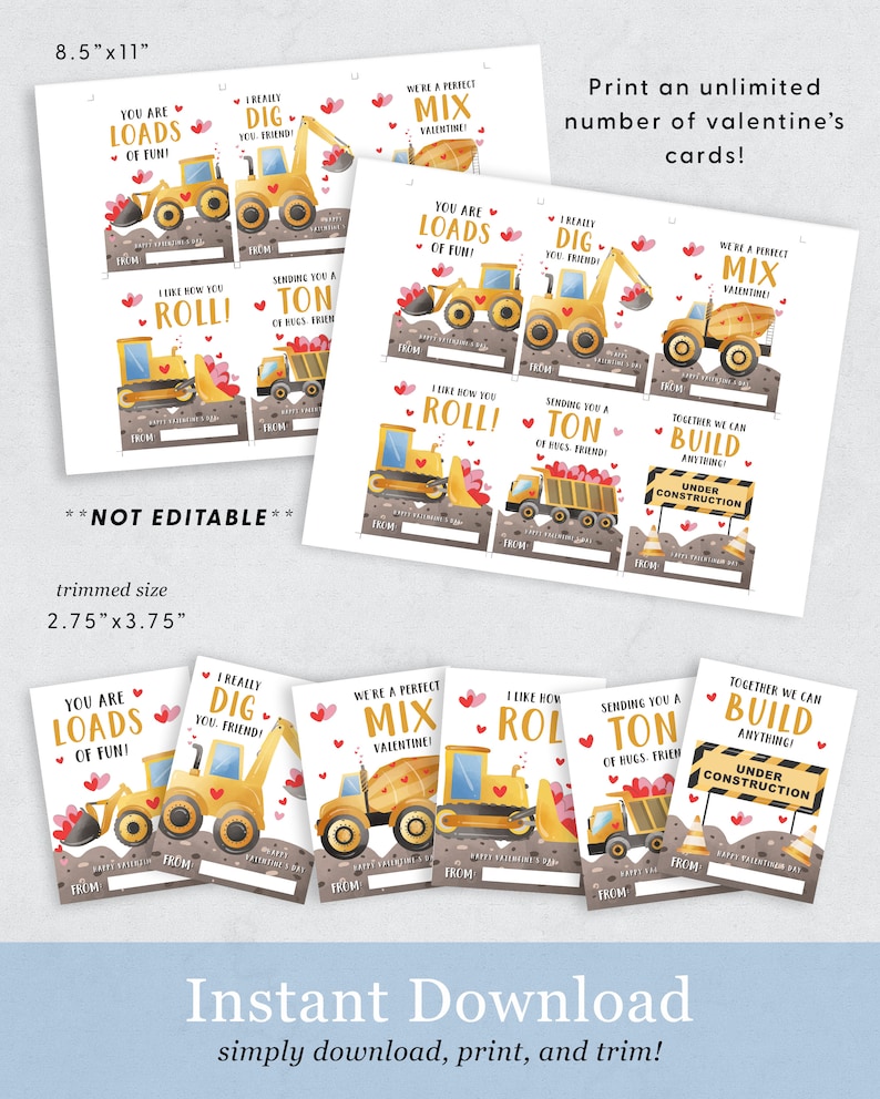 Printable Construction Valentine's Day Cards Classroom - Etsy