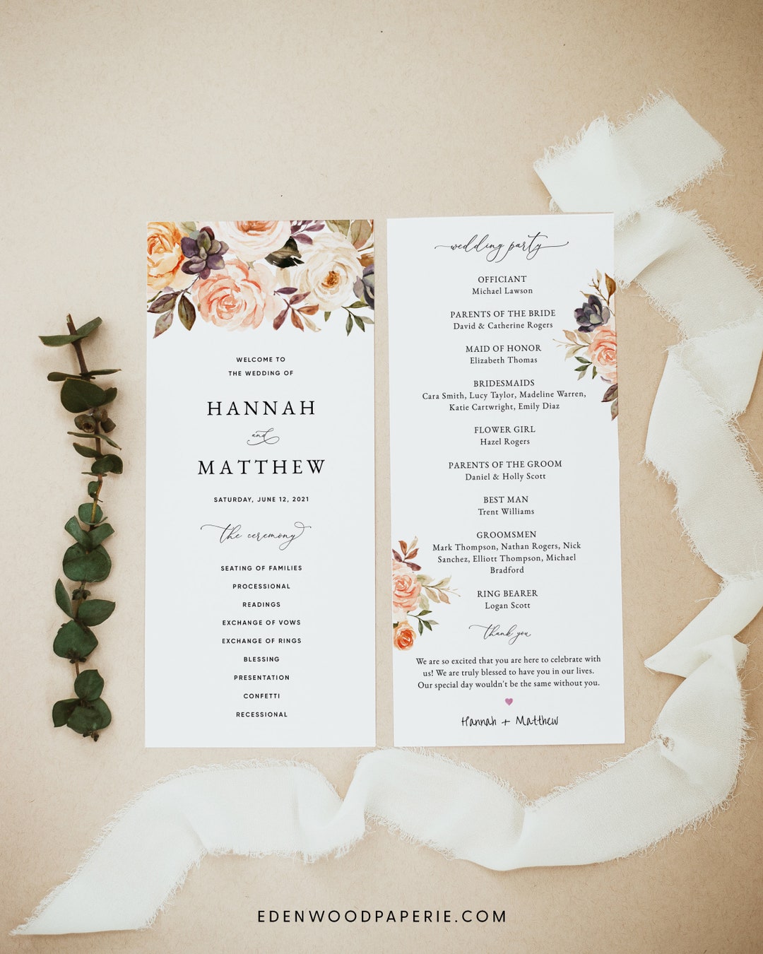 Fall Wedding Ceremony Program Template, Autumn Wedding Program, Wedding ...